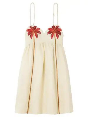 Farm Rio Embroidered Linen Mini Dress - Sand