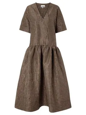 GANNI Crinkled Gingham Recycled-taffeta Midi Dress - Brown