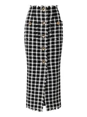 Balmain Frayed Checked Tweed Midi Skirt - White