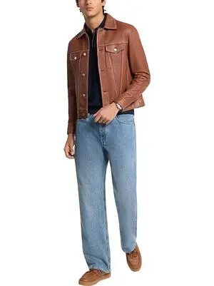 Michael Kors Contrast Stitch Leather Trucker Jacket - Luggage