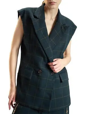 Cynthia Rowley Oversized Double Breasted Vest - Green Plaid