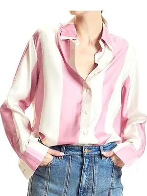 Cynthia Rowley Striped Silk Button-up Shirt - Pink And Ivory