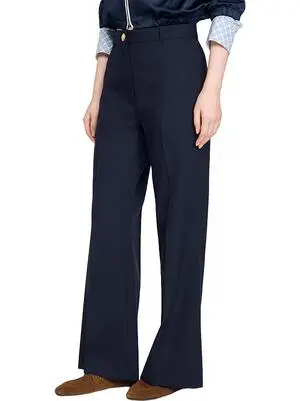 Sandro Lionel Straight Wide Leg Wool Blend Trousers - Navy Blue