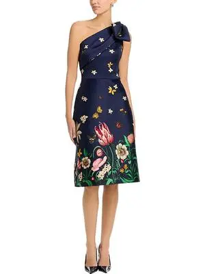 Rickie Freeman For Teri Jon Mikado Floral Butterfly One Shoulder Dress - Navy Multi