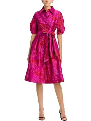 Rickie Freeman For Teri Jon Jacquard Puff Sleeve Shirt Dress - Fuschia Orange
