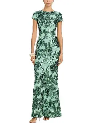 Aqua Floral Sequin Mesh Dress - Sage