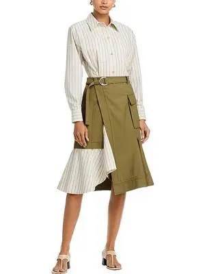 3.1 Phillip Lim Long Sleeve Combo Shirt Dress With Flounce - Caper Cream Multi