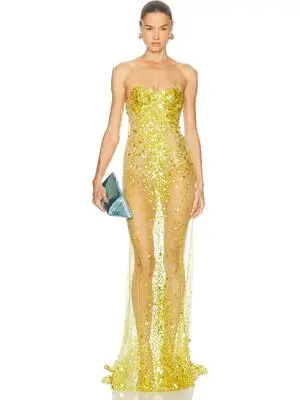 Attico Sheer Sequin Gown - Lime Multishades