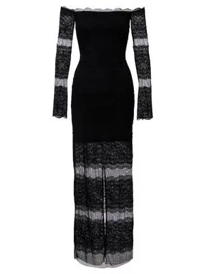 Blumarine Off-shoulder Lace & Tulle Maxi Dress - Black
