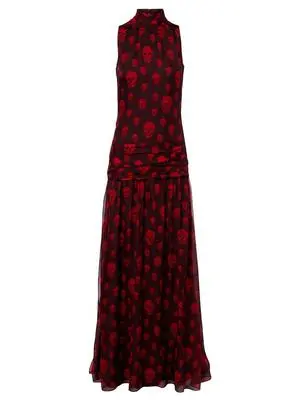 Alexander McQueen Skull Printed Silk Maxi Dress - Red