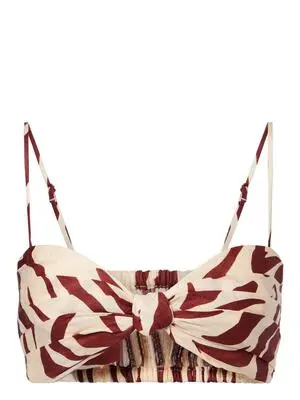 Johanna Ortiz Pleated Printed Linen Bra Top - Beige