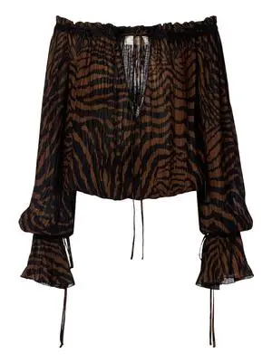 Blumarine Zebra-print Chiffon Top With Lace Trim - Brown