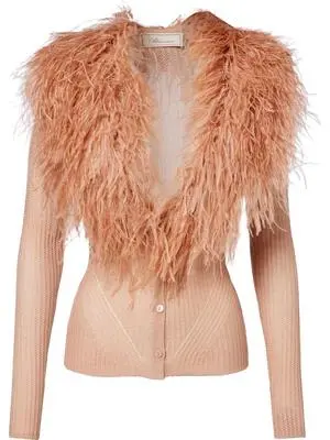 Blumarine Feather-trimmed Ribbed-knit Cardigan - Pink