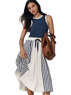 Daily Practice Drawstring Twofer Midi Dress - Blue Pattern