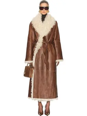 Magda Butrym Long Belted Shearling Reversible Coat - Brown