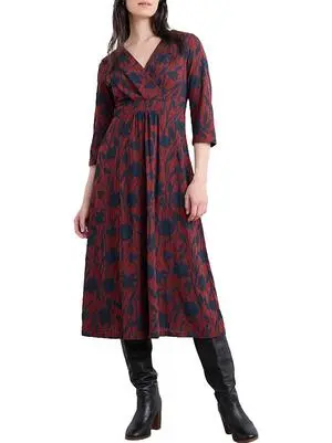 SEASALT CORNWALL 3/4 Sleeve Chapelle Dress - Windswept Floral Burgundy