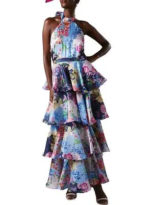 Coast Cross Neck Printed Frill Skirt Dress - Navy