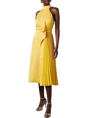 Coast Halter Pleated Asymmetric Hem Midi Dress - Yellow