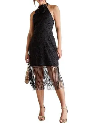 Coast Broderie Embellished Fringe Halter Dress - Black