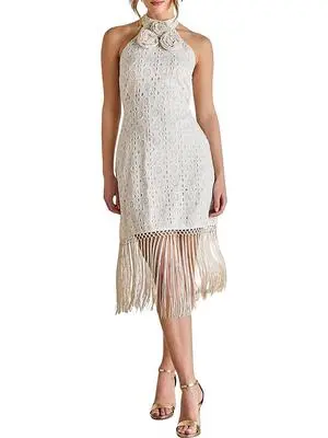 Coast Broderie Embellished Fringe Halter Dress - White