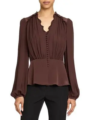 Santorelli Lana Long Sleeve Silk Ruffle Top - Raisin