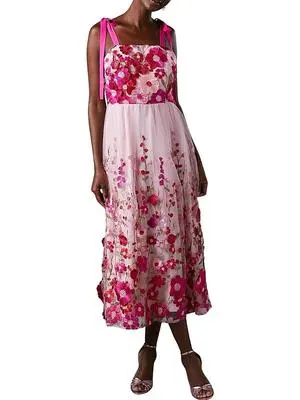 Coast Embroidered Mesh Midi Dress - Pink