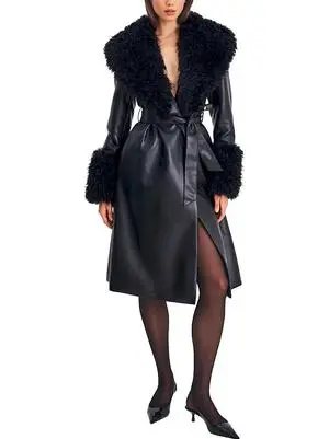 MISS CIRCLE Faux Leather Coat With Faux Fur Trim - Black