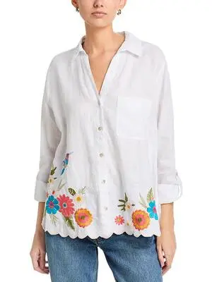 Johnny Was Embroidered Linen Blouse - White