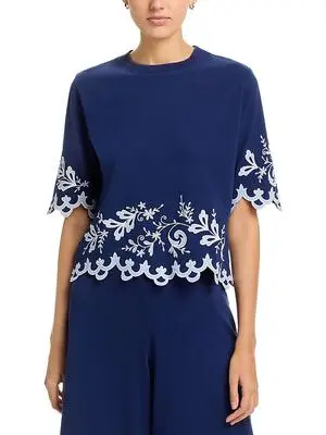 Johnny Was Embroidered Elbow Sleeve Top - Navy