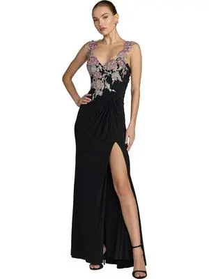 Mac Duggal Jersey Gown With Beaded Floral Appliqués - Black Multi