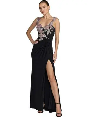 Mac Duggal Sweetheart Jersey Gown With Floral Appliqués - Black Multi