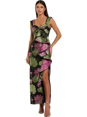 Mac Duggal Floral Jacquard Ankle Length Gown With Ruffle - Black Multi