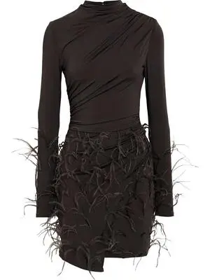 Lapointe Feather-trimmed Ruched Mini Dress - Dark Brown