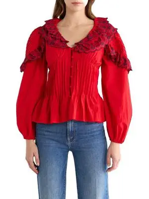 DAMSON MADDER Caroline Embroidered Organic Cotton Peplum Top - Red