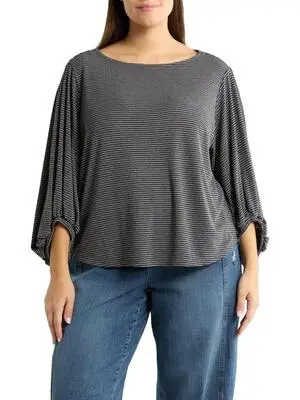 Wit & Wisdom Stripe Balloon Sleeve Knit Top - Heather Charcoal