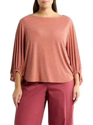 Wit & Wisdom Stripe Balloon Sleeve Knit Top - Heather Sandalwood Blush