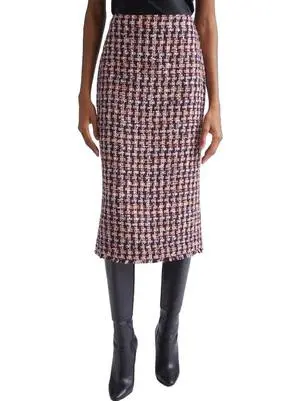 St. John Fringe Houndstooth Tweed Pencil Skirt - Bordeaux Ecru Multi