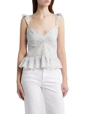 LoveShackFancy Lainie Floral Lace Peplum Camisole - Snowdrop Blue