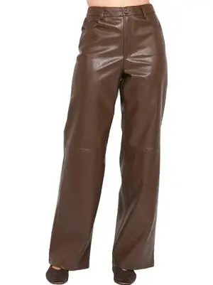 PETAL & PUP Emer High Waist Straight Leg Faux Leather Pants - Chocolate Brown