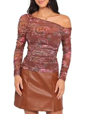 PETAL & PUP Elfrida Ruched One-shoulder Top - Brown Floral