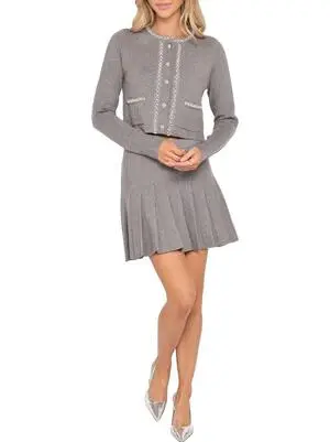 PETAL & PUP Embellished Cardigan And Pleated Miniskirt Set - Grey