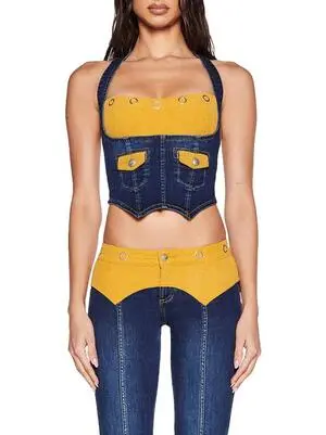 I.AM.GIA Tommie Mixed Media Halter Corset Top - Dark Wash