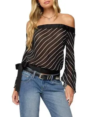 EDIKTED Striped Off-the-shoulder Mesh Top - Black