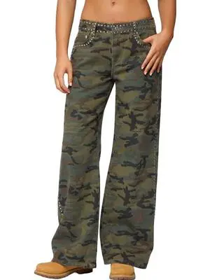 EDIKTED Studded Camo Baggy Jeans - Olive-washed