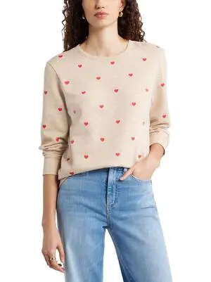 Caslon Embroidered Heart Crewneck Sweatshirt - Tan Doeskin Heather Mini Heart
