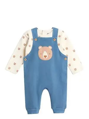 JOJO MAMAN BEBE Long Sleeve Bodysuit & Bear Appliqué Waffle Knit Overalls Set - Denim