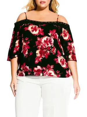 City Chic Monet Cold Shoulder Blouse - Monet Rose