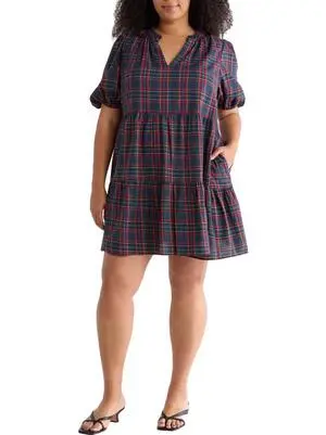 SUGARLIPS Chapman Plaid Puff Sleeve Dress - Navy-multi