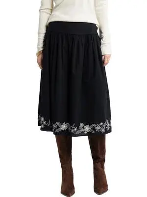 Treasure & Bond Embroidered Hem Cotton Midi Skirt - Black