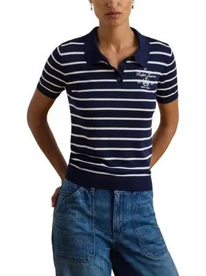 Ralph Lauren Striped Cotton-blend Polo Top - Refined Navy Blue/white